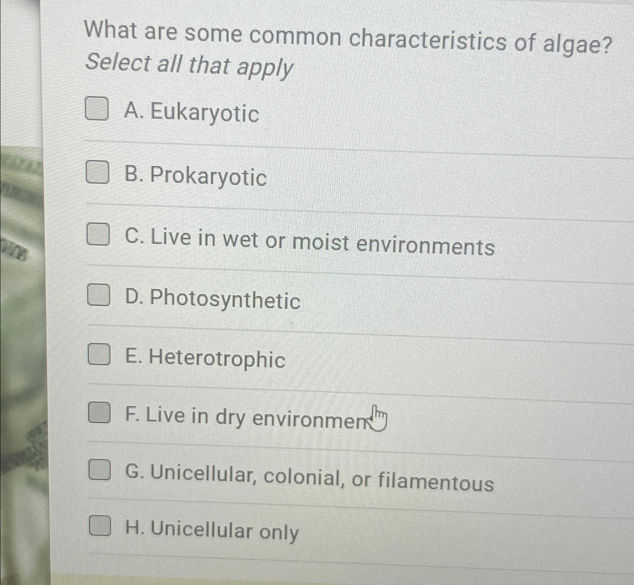 Solved What are some common characteristics of algae?Select | Chegg.com