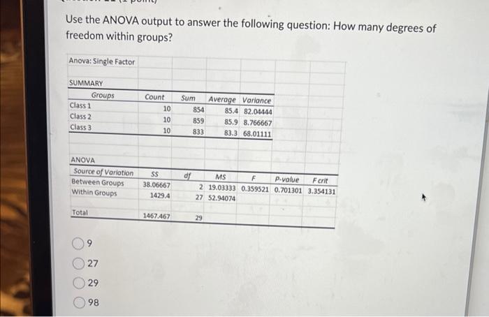 Solved Use the ANOVA output to answer the following | Chegg.com
