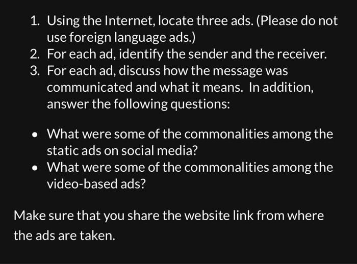 Solved 1. Using the Internet, locate three ads. (Please do | Chegg.com
