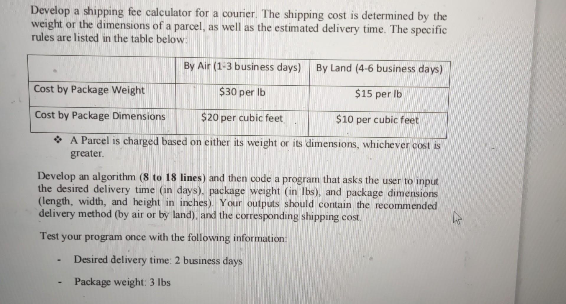 Solved Develop a shipping fee calculator for a courier. The | Chegg.com