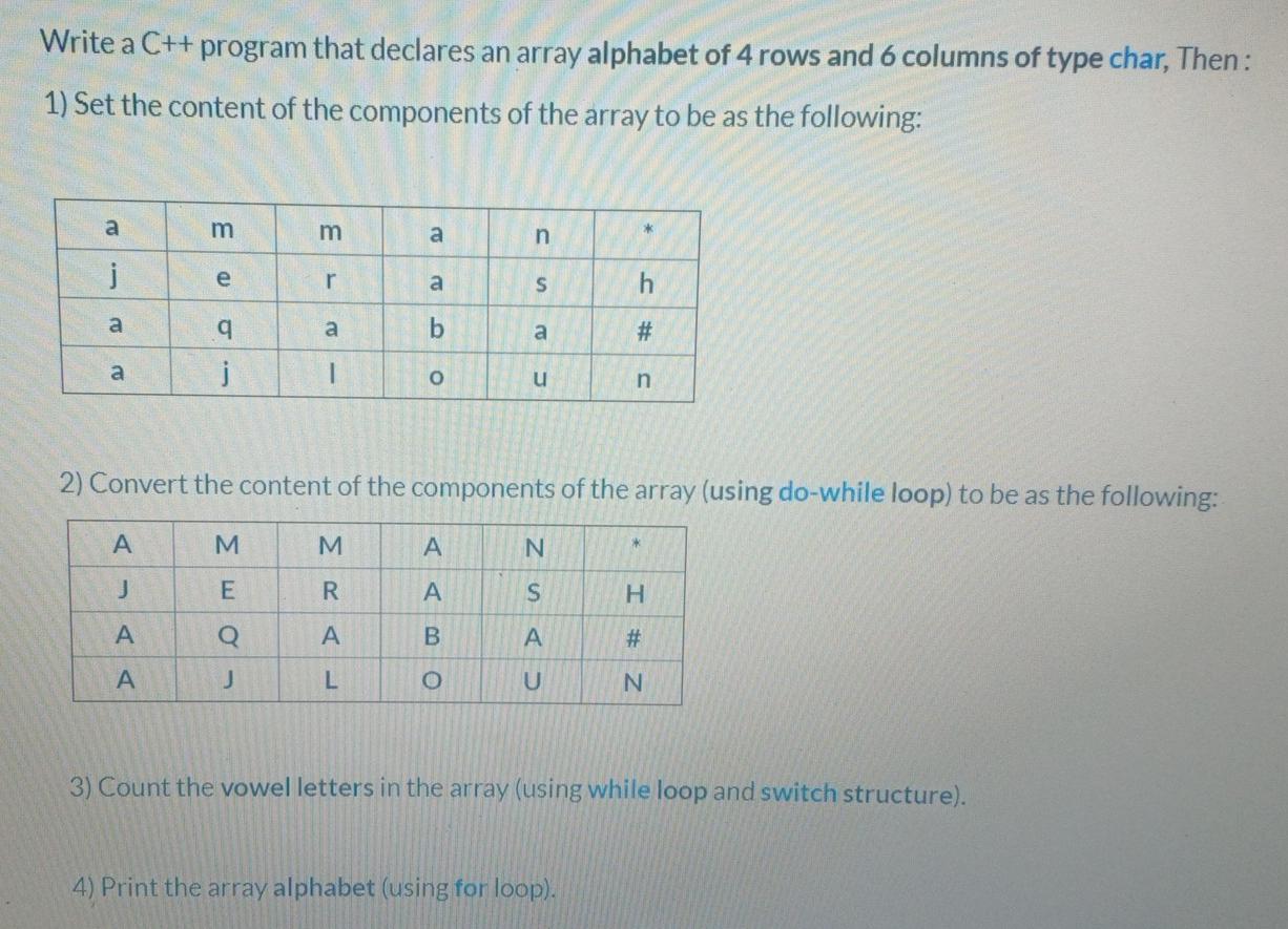 Solved Write a C++ program that declares an array alphabet | Chegg.com