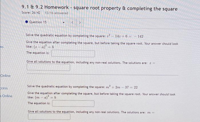 Solved 9.1 \& 9.2 Homework - square root property \& | Chegg.com