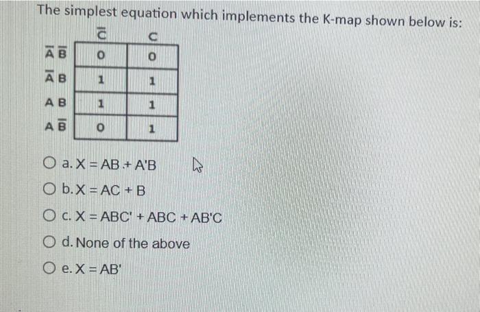 Solved The simplest equation which implements the K-map | Chegg.com