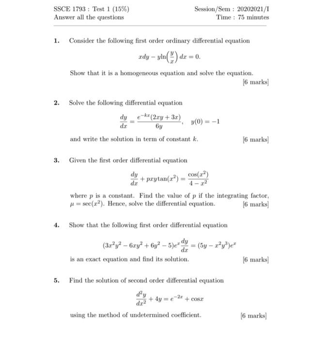 Solved 1. Consider the following first order ordinary | Chegg.com