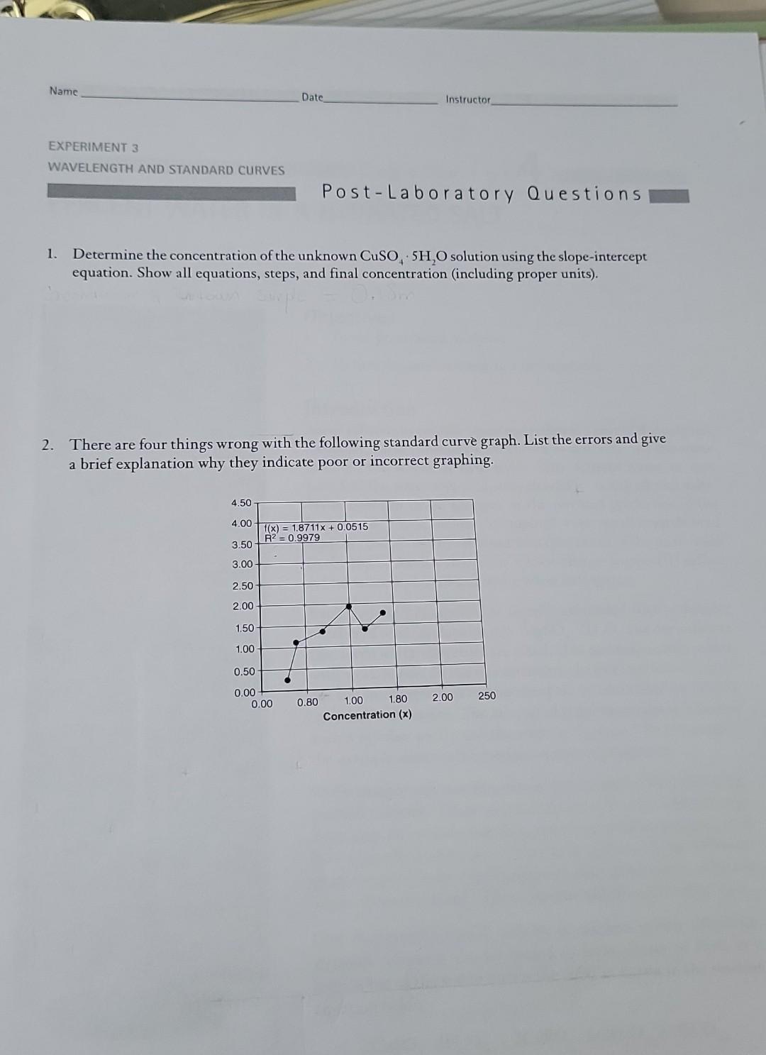 EXPERIMENT 3 WAVELENGTH AND STANDARD CURVES | Chegg.com