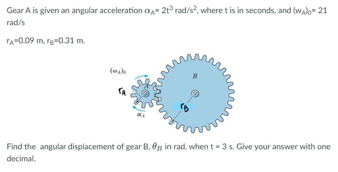 Solved Gear A ﻿is given an angular acceleration αA=2t3rads2, | Chegg.com