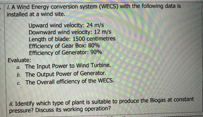 Solved 1. A Wind Energy conversion system (WECS) with the | Chegg.com