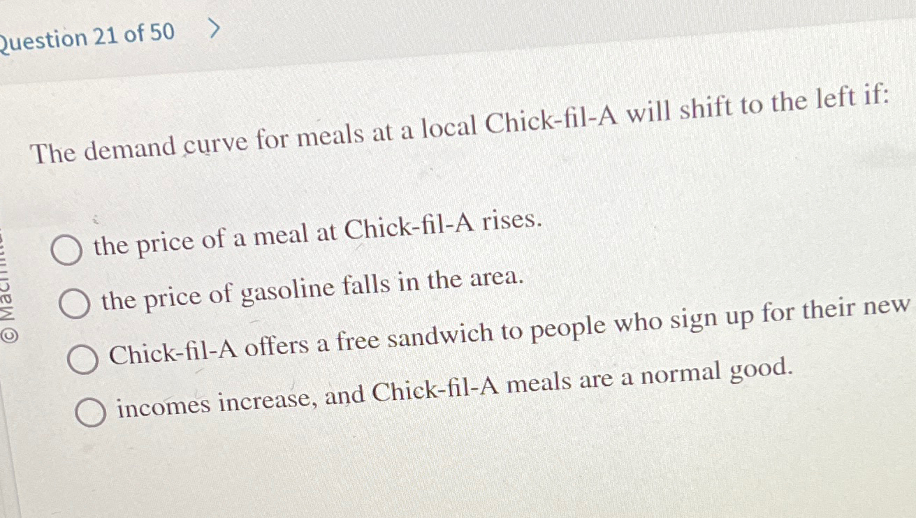 Solved Question 21 ﻿of 50The demand curve for meals at a | Chegg.com