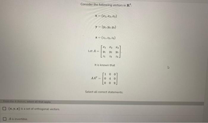 Solved Consider the following vectors in R3 : x=(x1,x2,x3) | Chegg.com