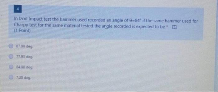 Solved In Izod Impact test the hammer used recorded an angle | Chegg.com