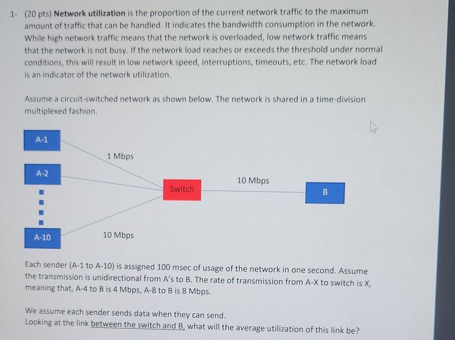 Solved 1. (20 pts) Network utilization is the proportion of | Chegg.com