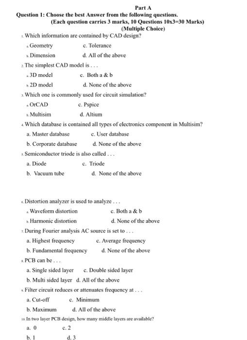 Solved Part A Question 1: Choose the best Answer from the | Chegg.com