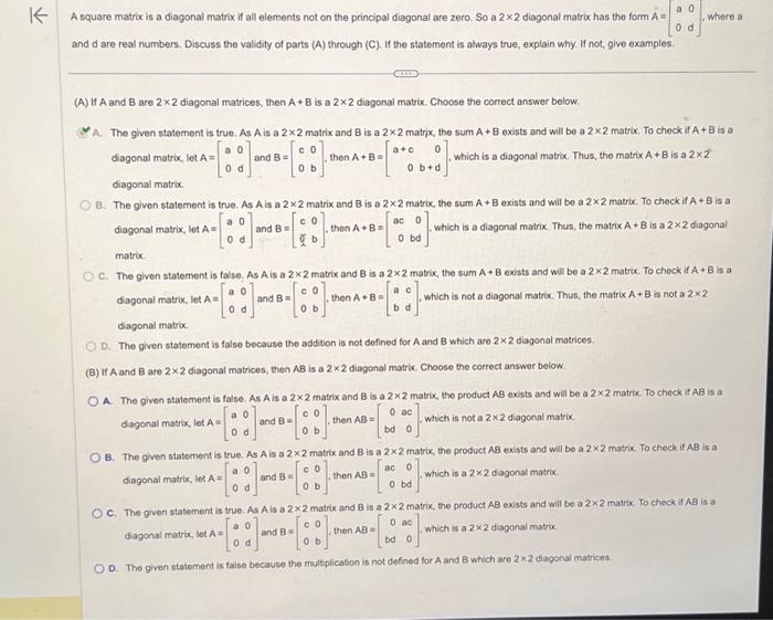 Solved A square matrix is a diagonal matrix if all elements | Chegg.com