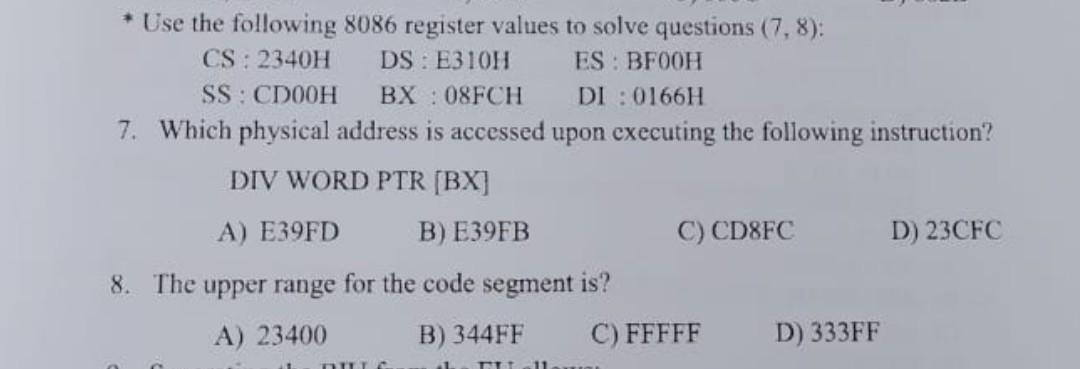 Solved * Use the following 8086 register values to solve | Chegg.com