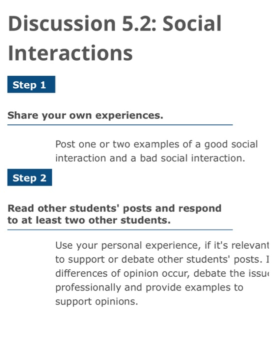 Solved Discussion 5.2: Social Interactions Step 1 Share your | Chegg.com