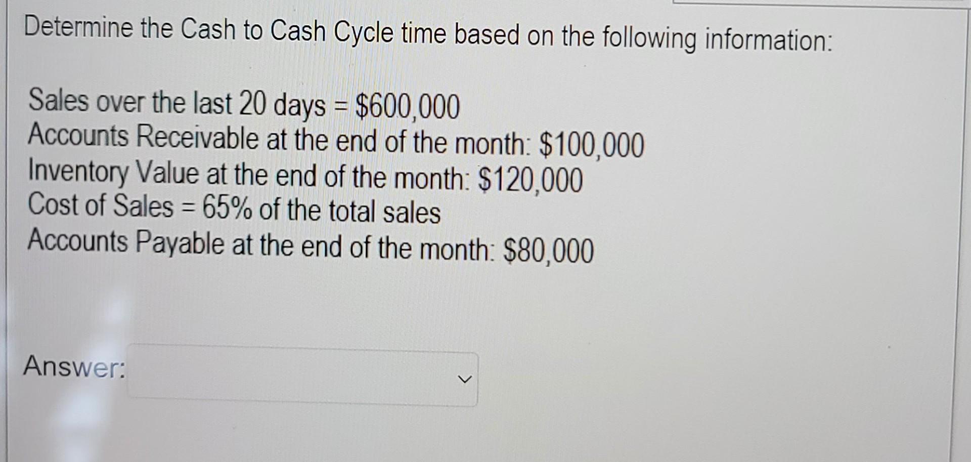 Solved Determine the Cash to Cash Cycle time based on the | Chegg.com