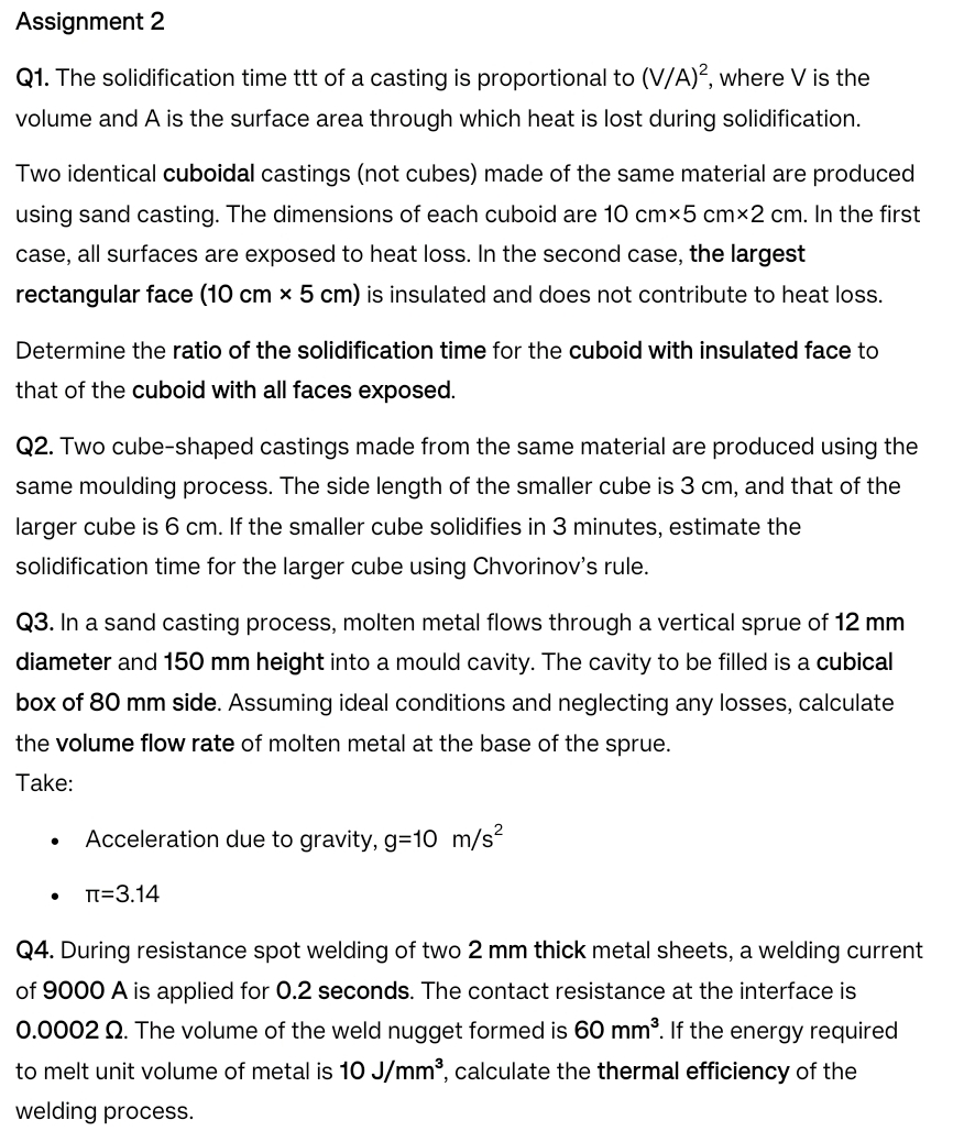 Solved Assignment 2Q1. ﻿The solidification time ttt ﻿of a | Chegg.com