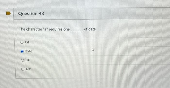 Solved The character "a" requires one of data. bit byte KB | Chegg.com