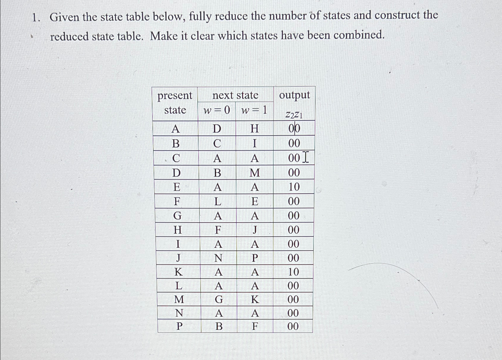 Solved Given the state table below, fully reduce the number | Chegg.com