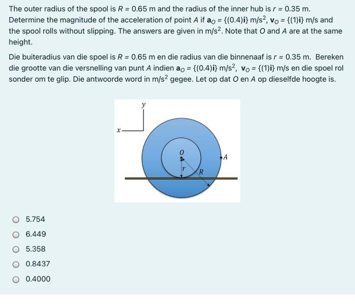 Solved The outer radius of the spool is R = 0.65 m and the | Chegg.com