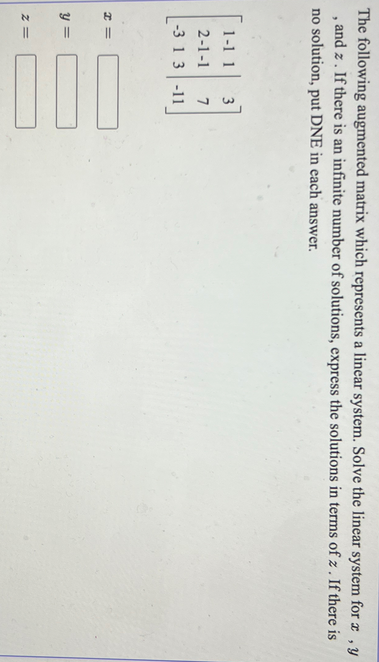 Solved The following augmented matrix which represents a | Chegg.com