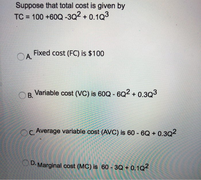 Solved Suppose that total cost is given by TC = 100 +60Q | Chegg.com