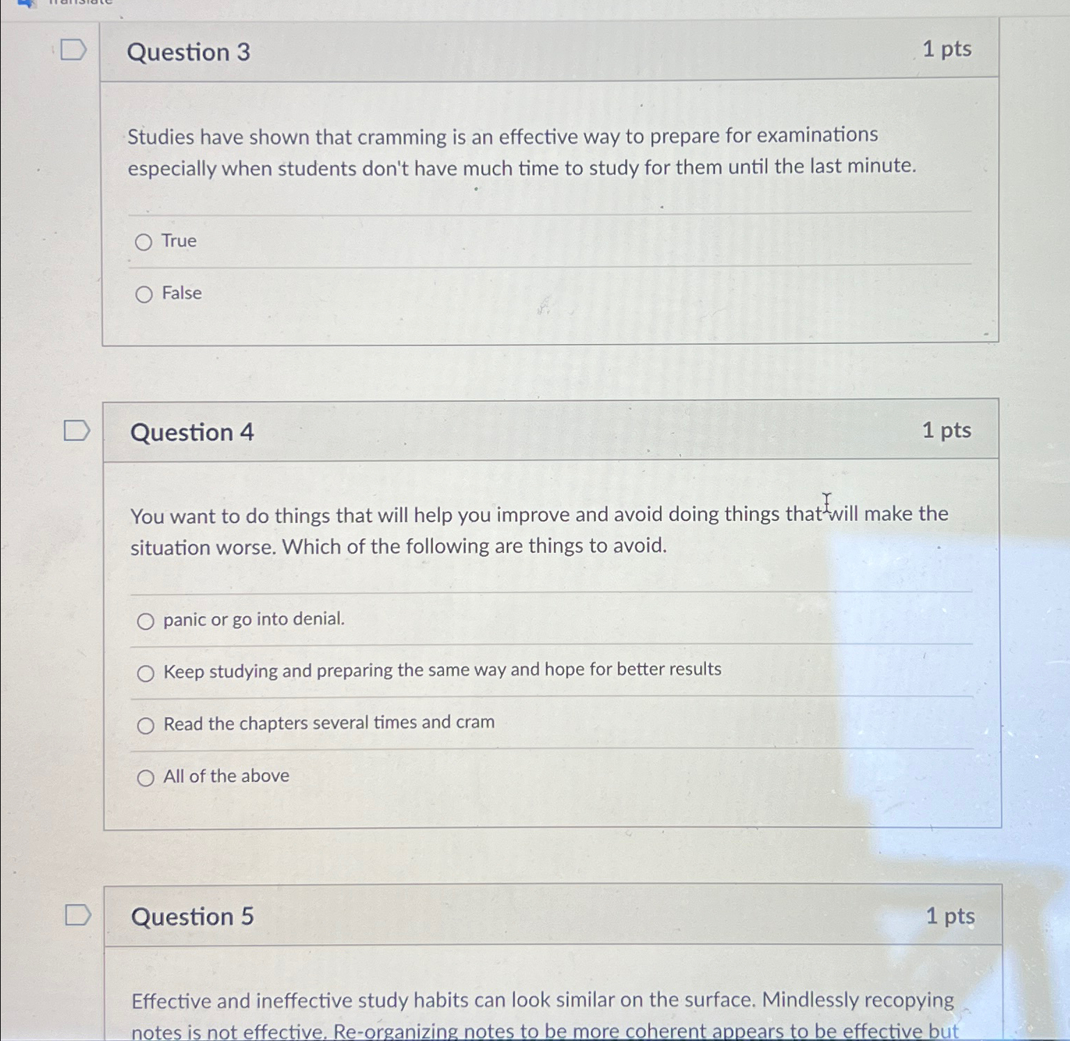 Solved Question 31ptsStudies have shown that cramming is an | Chegg.com