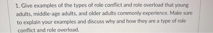 Solved 1. Give examples of the types of role conflict and | Chegg.com