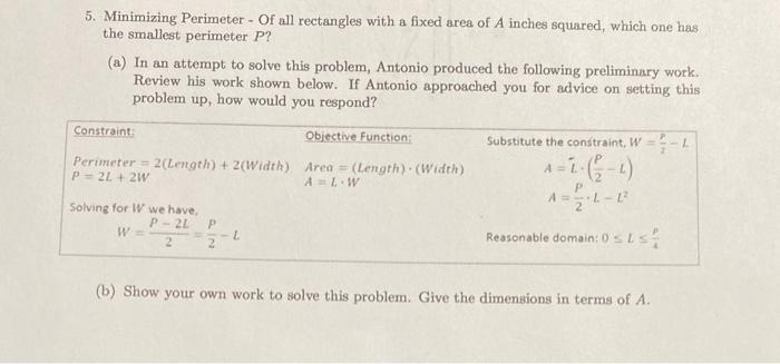 Solved 5. Minimizing Perimeter - Of all rectangles with a | Chegg.com