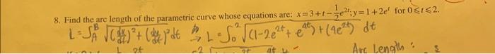 Solved 8 Find The Arc Length Of The Parametric Curve Whose