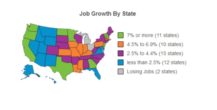 Solved 2. The following map shows the job growth rates for | Chegg.com