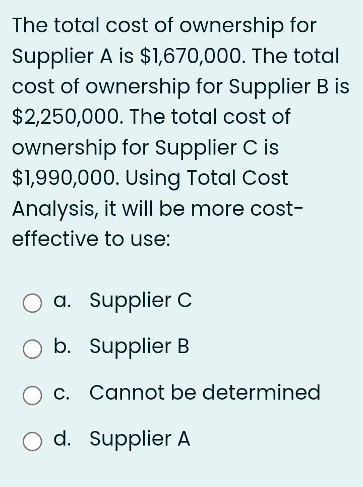 Solved The total cost of ownership for Supplier A is | Chegg.com