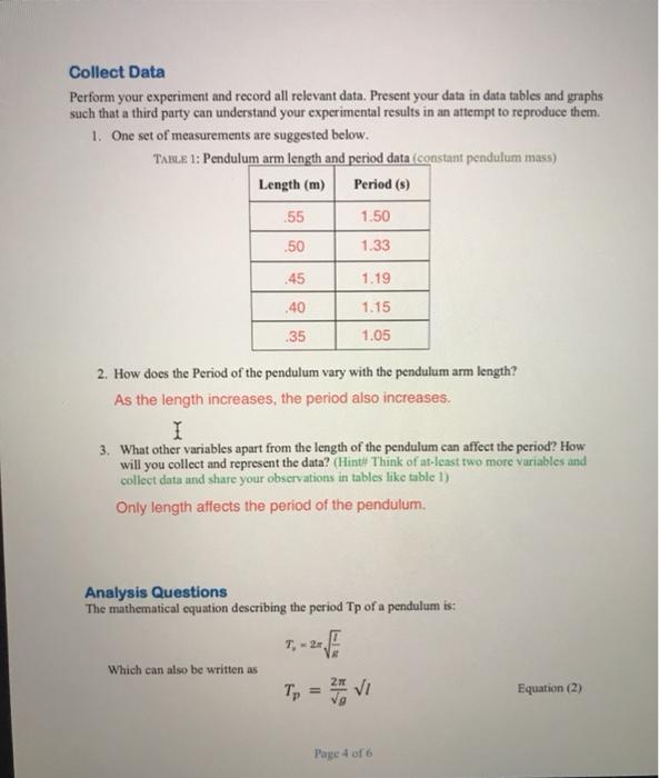 Solved Collect Data Perform your experiment and record all | Chegg.com