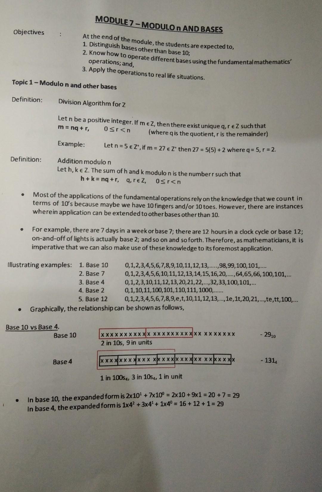 Solved MODULE 7 - MODULO N AND BASES Objectives : At the end | Chegg.com