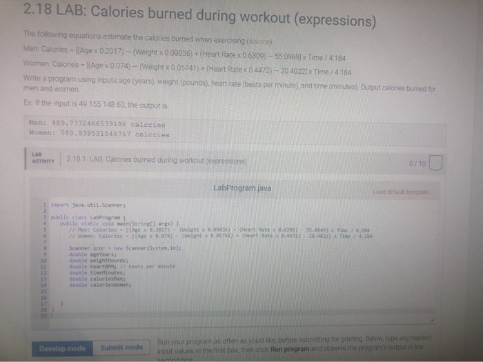 Solved 2.18 LAB: Calories burned during workout | Chegg.com