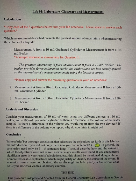 Solved Lab 01: Laboratory Glassware and Measurements | Chegg.com