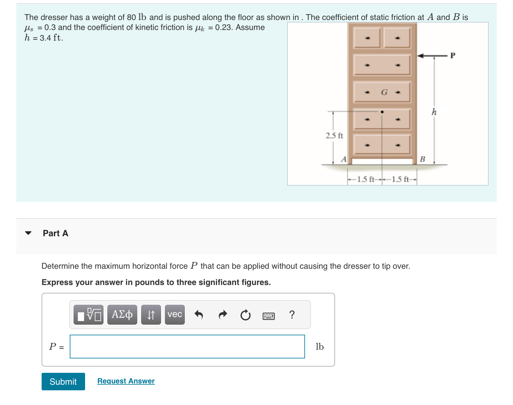 Solved The dresser has a weight of 80lb and is pushed along | Chegg.com