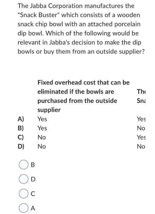 Solved The Jabba Corporation manufactures the "Snack Buster" | Chegg.com
