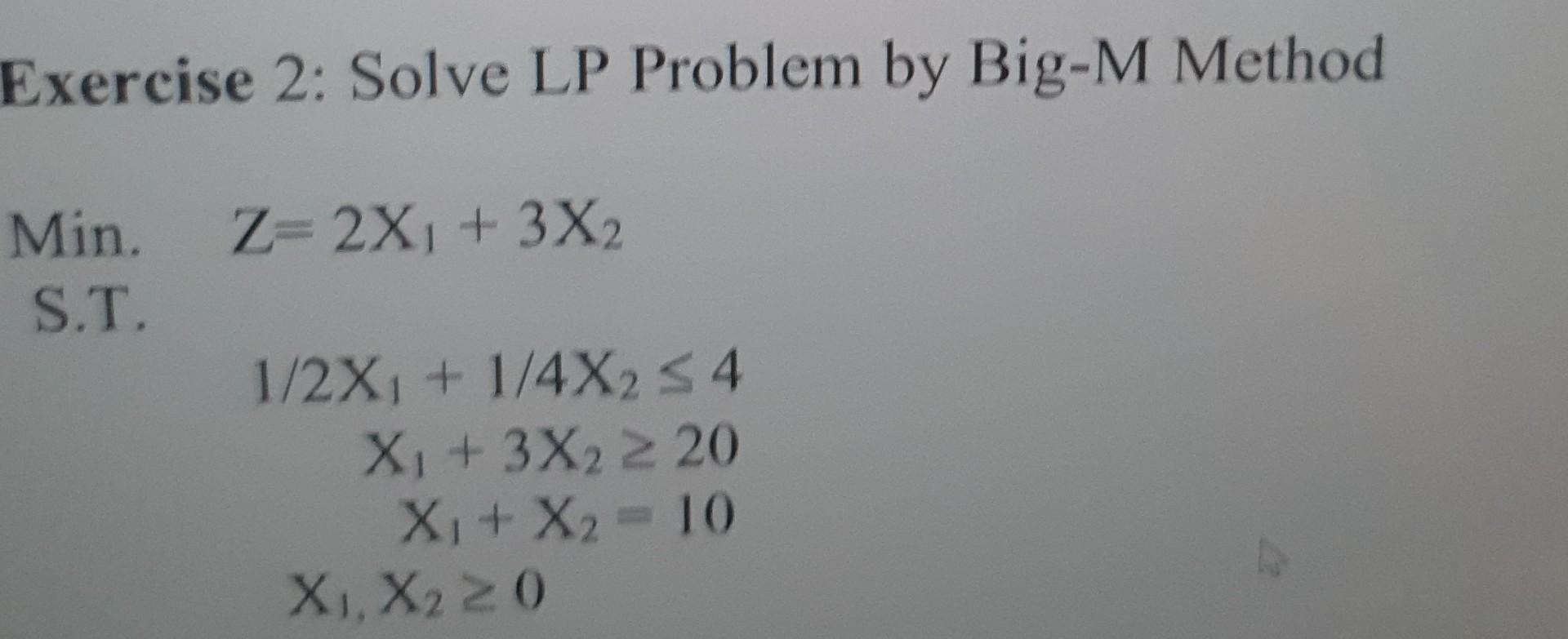 Solved Exercise 2: Solve LP Problem by Big-M Method Min. Z= | Chegg.com