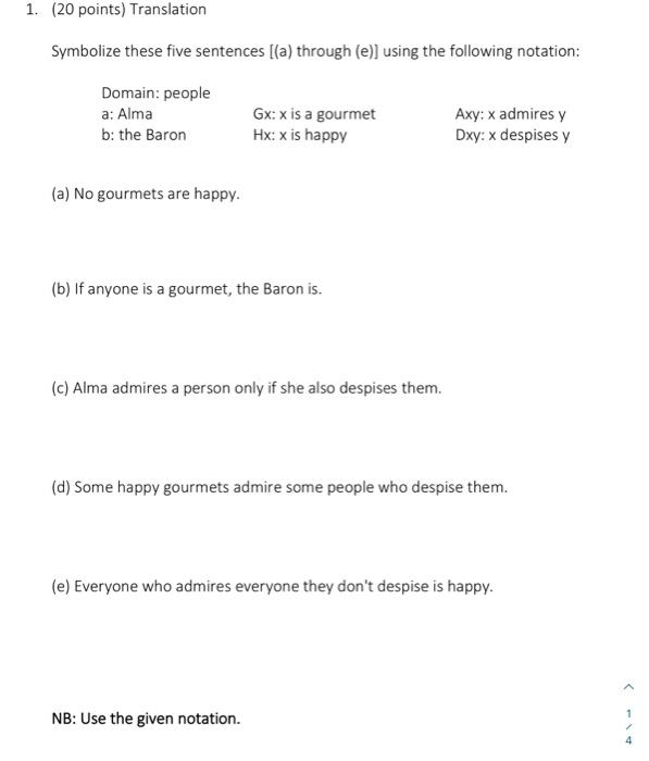 Solved 1. (20 points) Translation Symbolize these five | Chegg.com