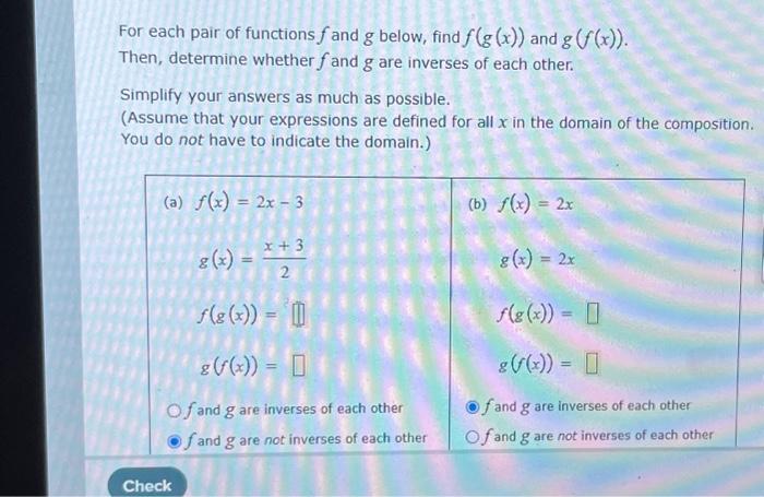 Solved For each pair of functions f and g below, find | Chegg.com