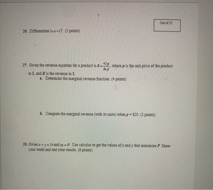 Solved Out of 13 26. Differentiate (inx + 1) (3 points) 27. | Chegg.com