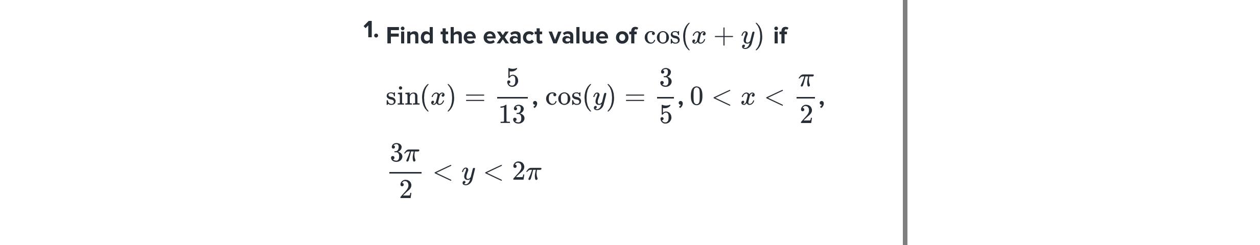 Solved Find the exact value of cos(x+y) | Chegg.com