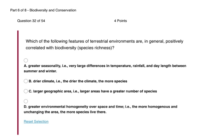 Solved Part 6 of 8 - Biodiversity and Conservation Question | Chegg.com
