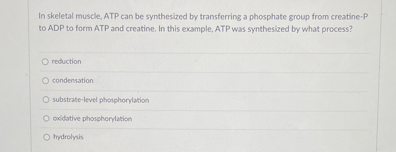 Solved In skeletal muscle, ATP can be synthesized by | Chegg.com