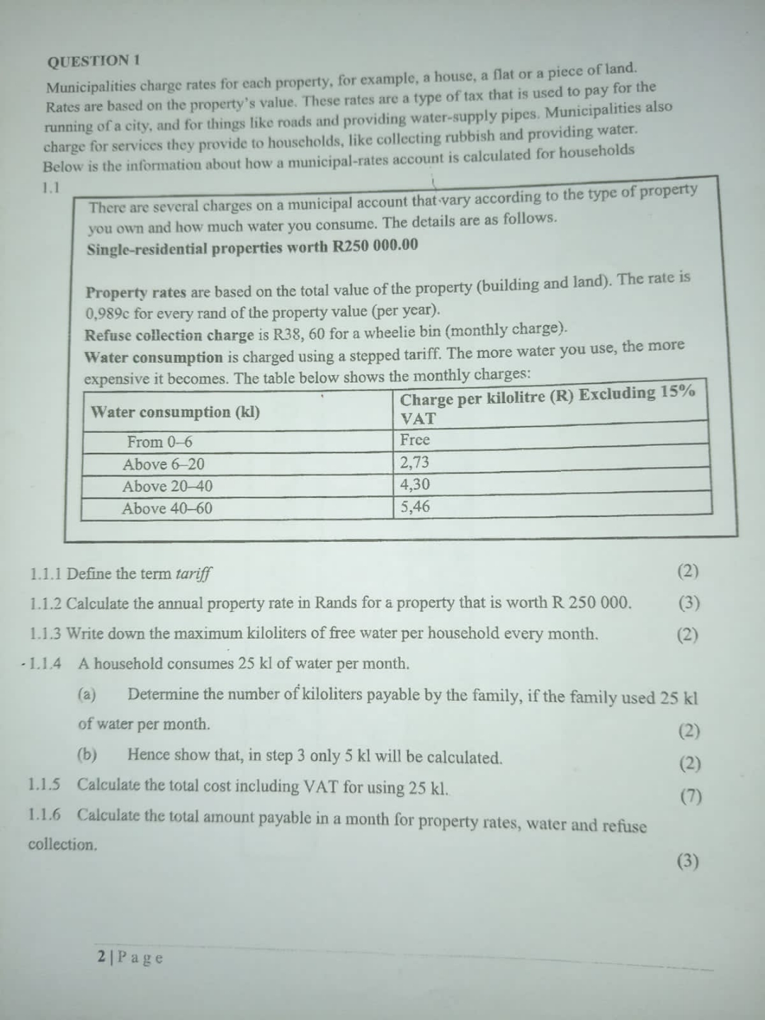 Solved QUESTION 1Municipalities charge rates for each | Chegg.com