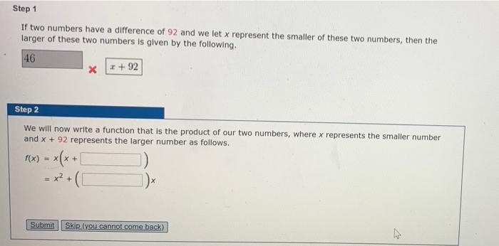 Solved Step 1 If two numbers have a difference of 92 and we | Chegg.com