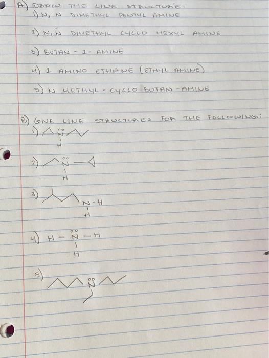 Solved A) DRAW STRUCTURE. PENTYL AMINE DIMETHYL DIMETHYL | Chegg.com