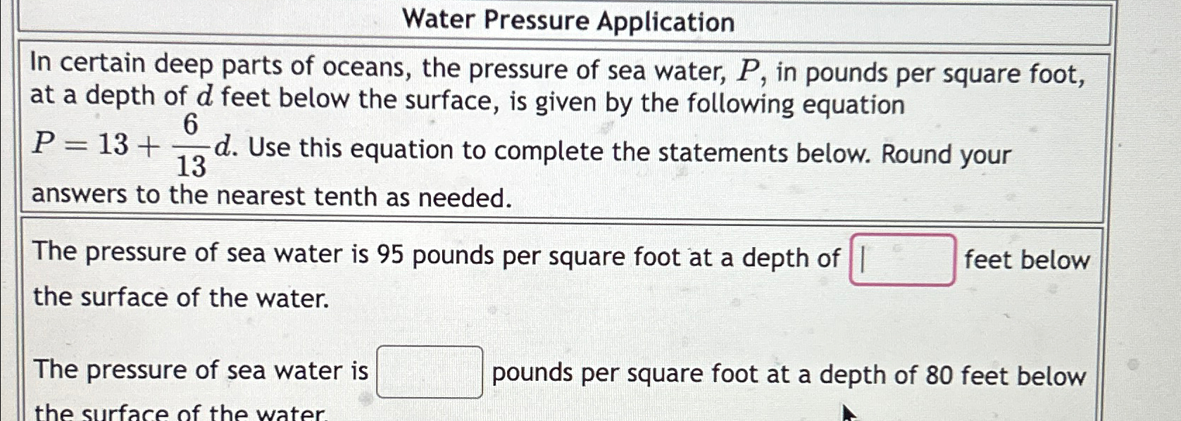Solved Water Pressure ApplicationIn certain deep parts of | Chegg.com