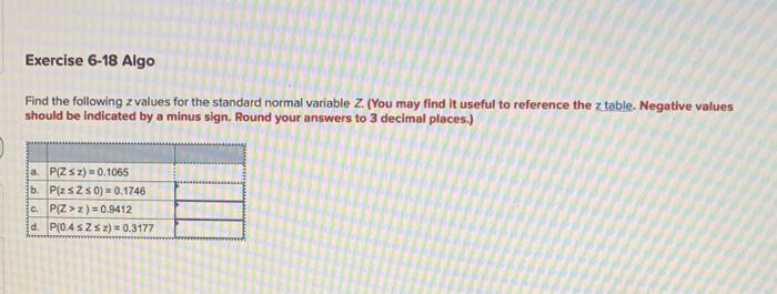 Solved Exercise 6-18 Algo Find the following z values for | Chegg.com
